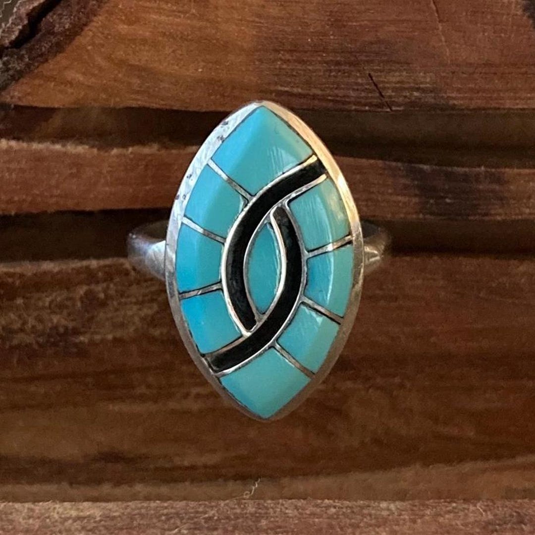 Vintage Sterling Silver Turquoise Ring, Zuni Turquoise Inlay ...