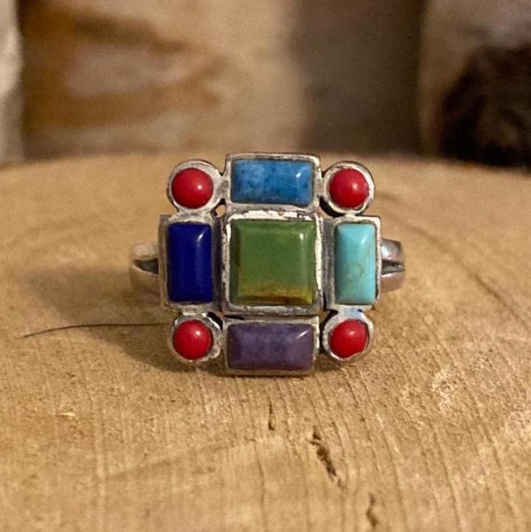 Sterling Silver Multi Color Ring, Cobblestone, Southwestern, Zuni Style ...