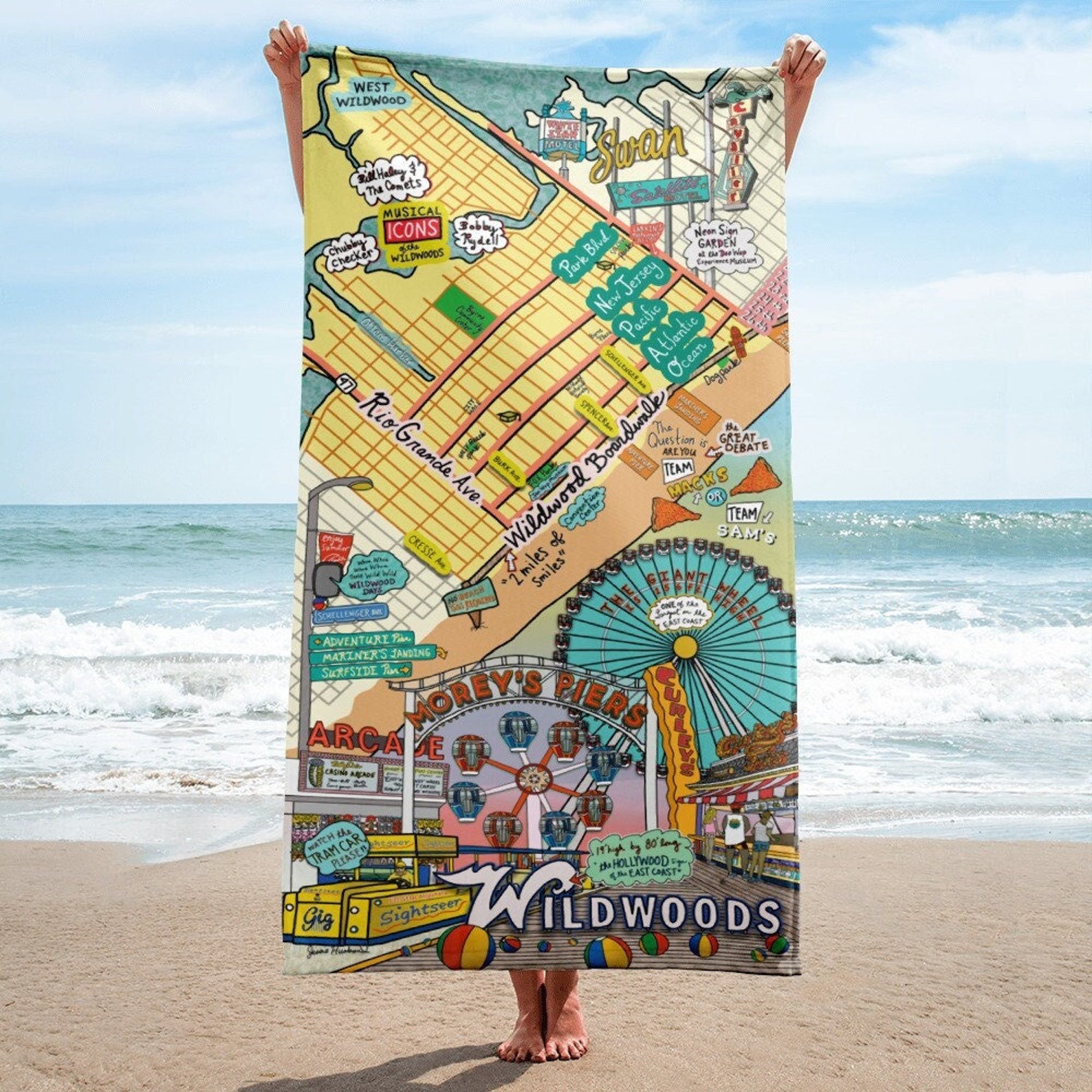 Wildwood New Jersey Map Beach Towel Map Art - Etsy
