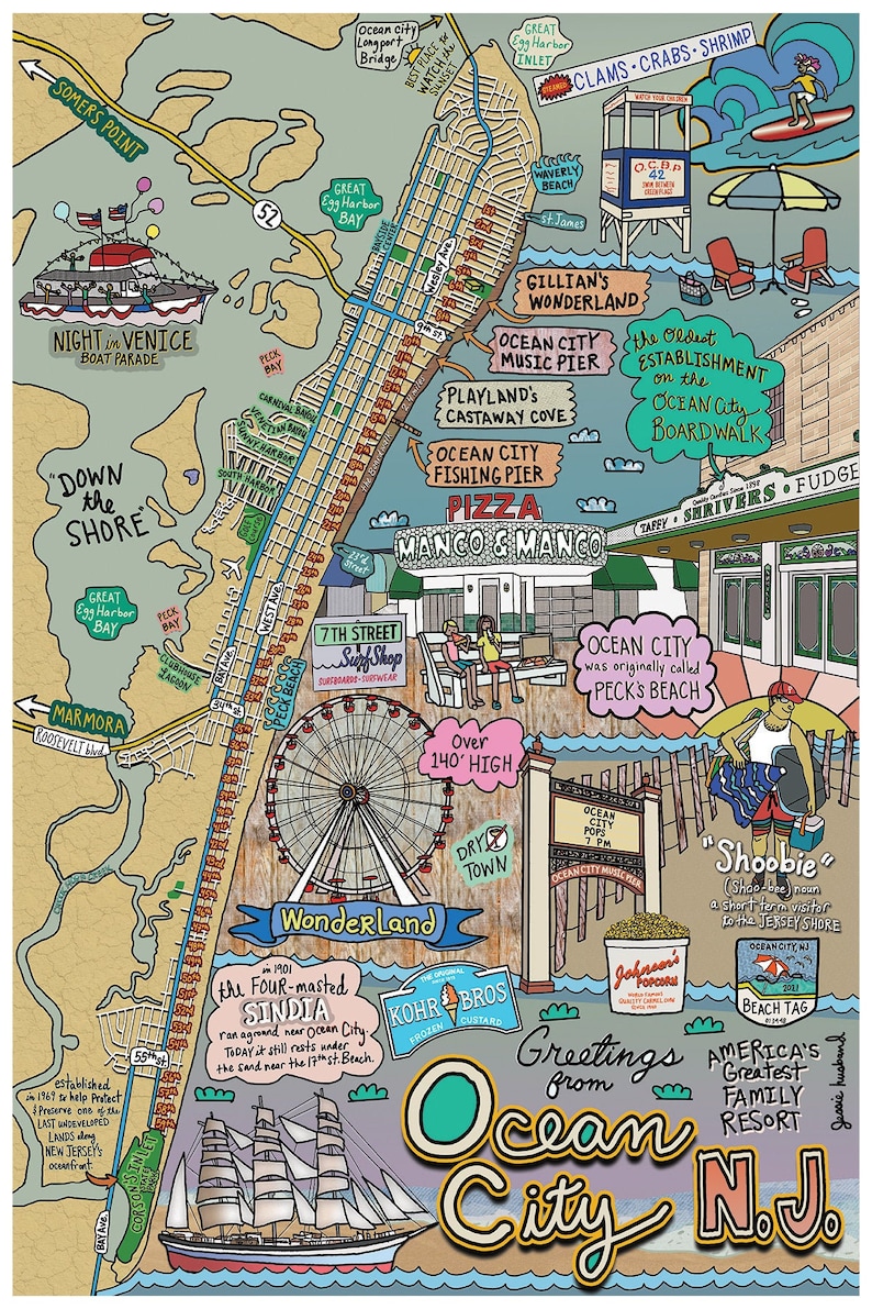 Map of Ocean City New Jersey OCNJ Beach Town NJ Beaches - Etsy