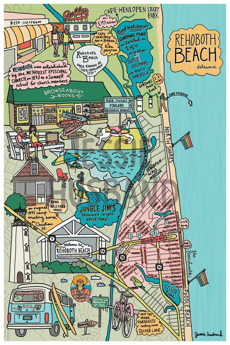 Map of Rehoboth Beach, Delaware, Beach Town, DE Beaches (customization ...