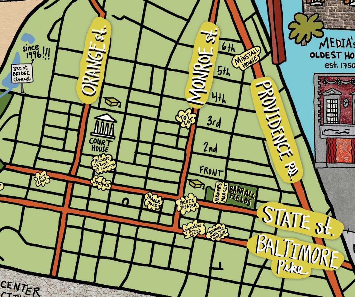 Map of Media, Pennsylvania, Map Art, Philly, Pennsylvania, DELCO ...