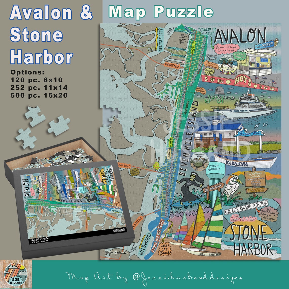 Beach Town Map Puzzles, New Jersey, Delaware, Sea Isle City, Rehoboth ...