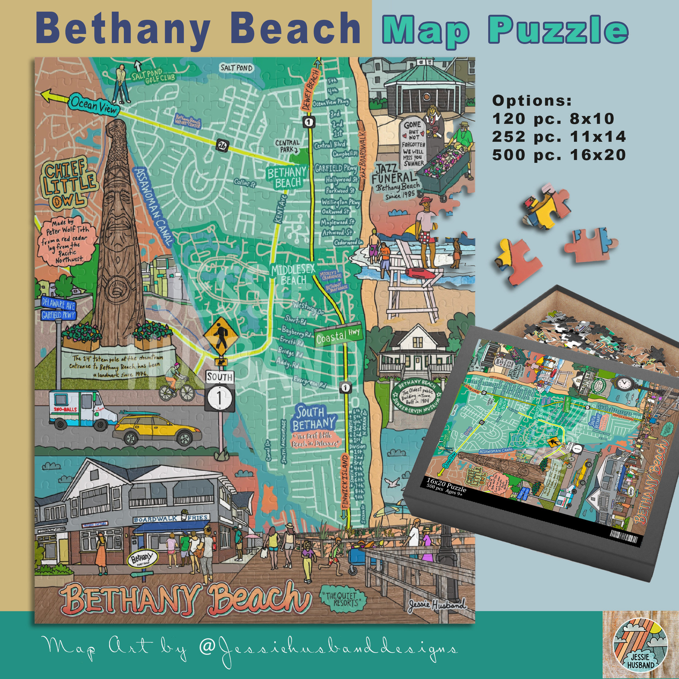 Beach Town Map Puzzles, New Jersey, Delaware, Sea Isle City, Rehoboth ...
