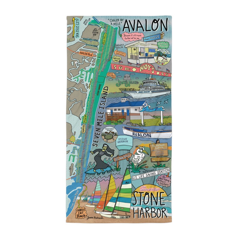 Avalon Stone Harbor New Jersey Map Beach Towel Map Art | Etsy