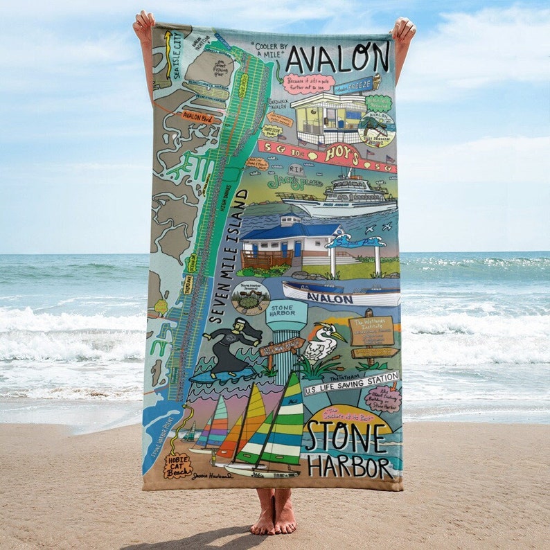 Avalon Stone Harbor New Jersey Map Beach Towel Map Art | Etsy