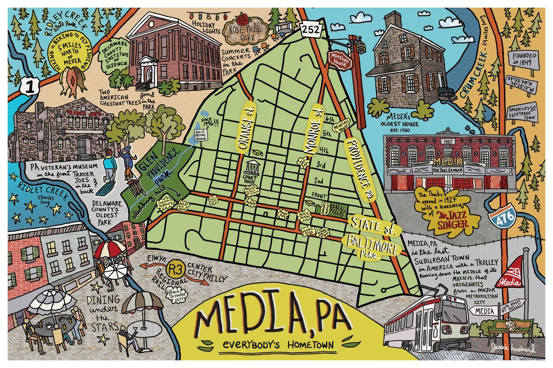 Map of Media Pennsylvania Map Art Philly Pennsylvania | Etsy