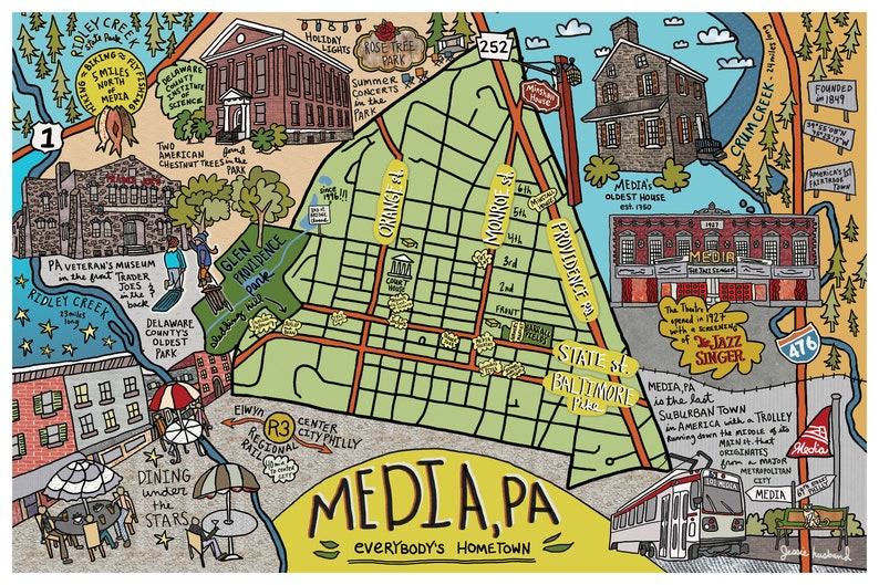 Map of Media, Pennsylvania, Map Art, Philly, Pennsylvania, DELCO ...