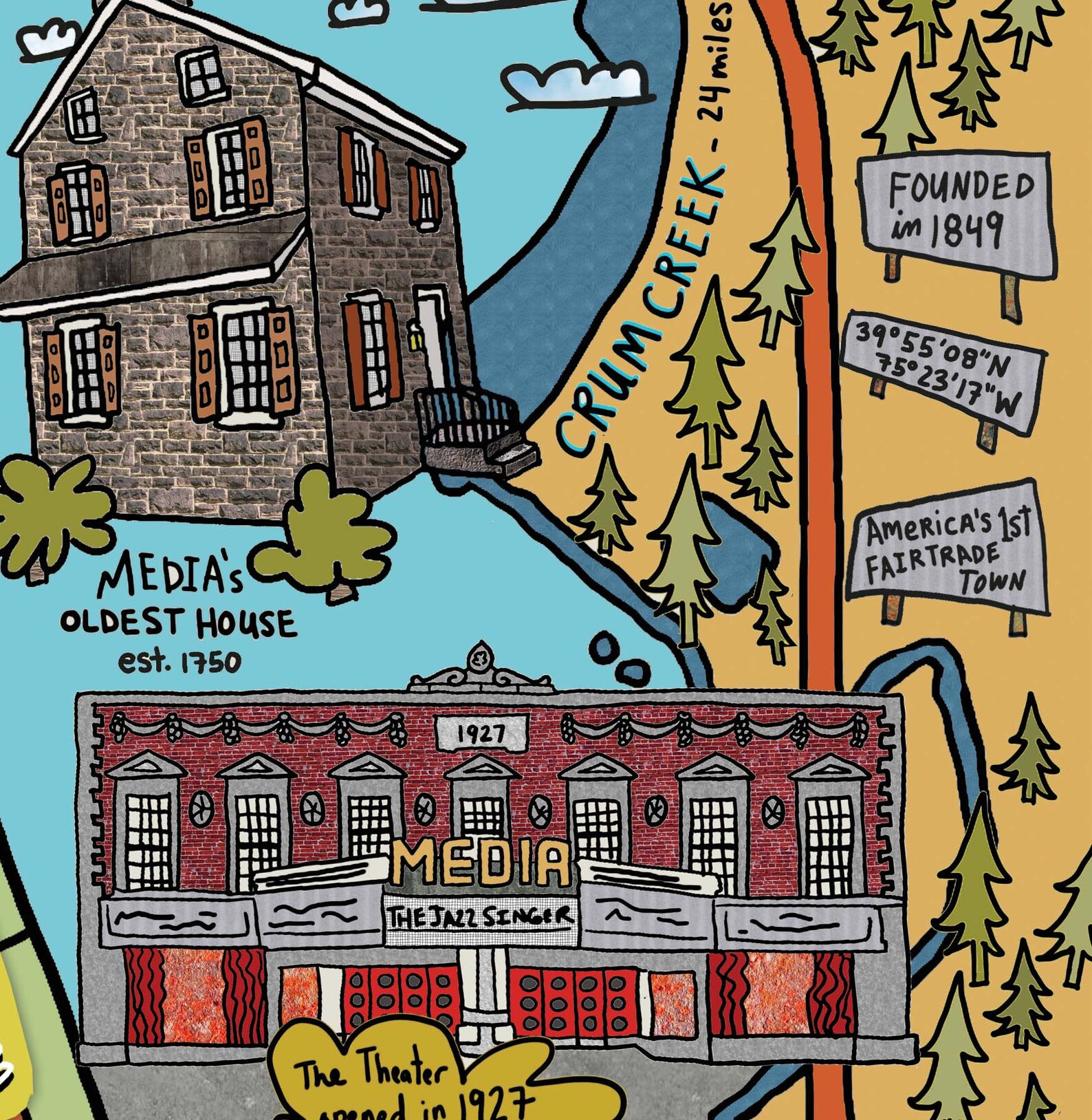 Map of Media Pennsylvania Map Art Philly Pennsylvania | Etsy