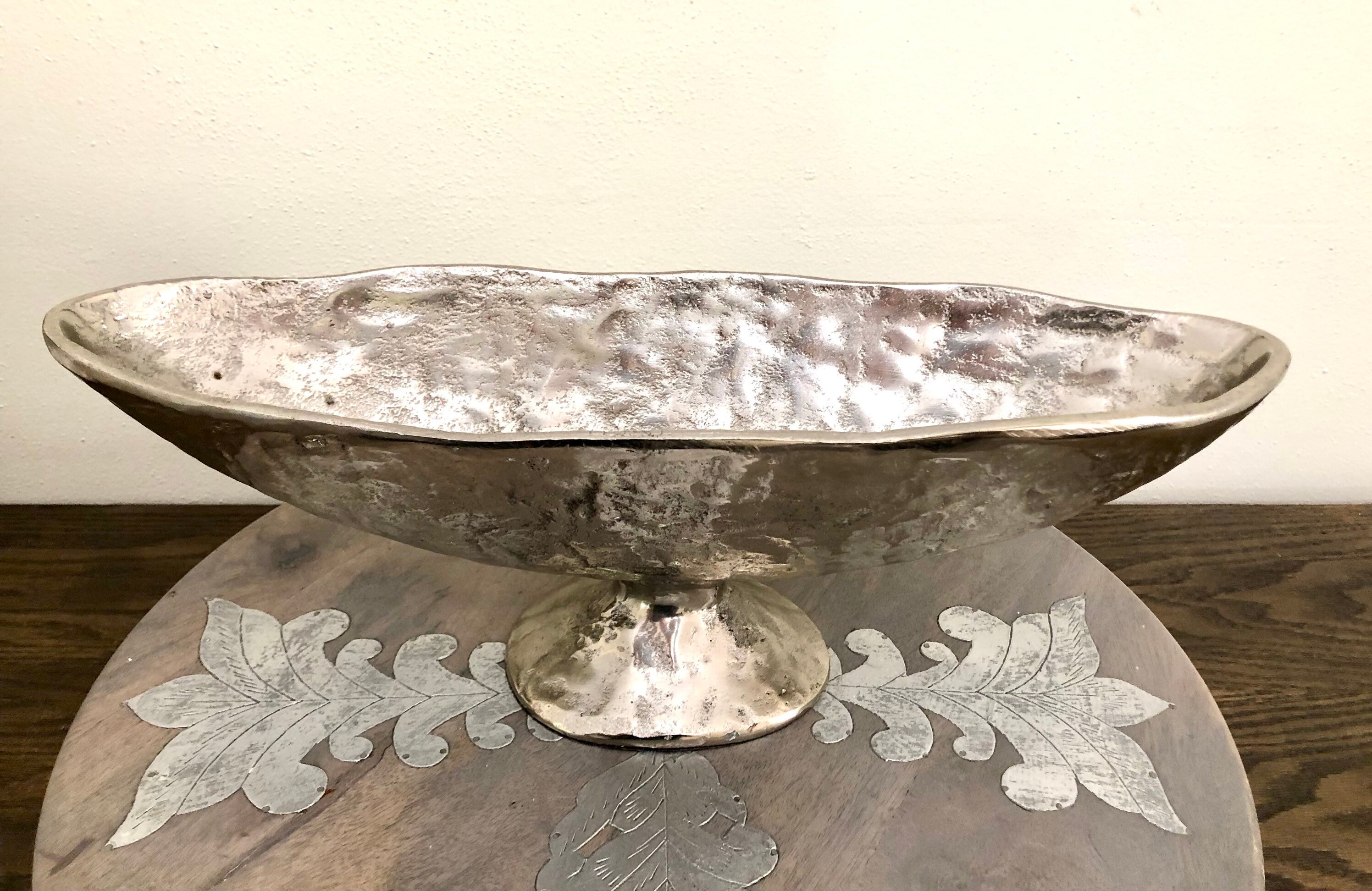 Footed Pewter Bowl, Oval Pewter Bowl, Centerpiece, Textured Pewter ...
