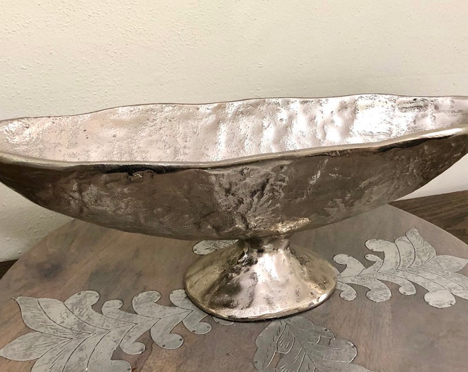 Footed Pewter Bowl, Oval Pewter Bowl, Centerpiece, Textured Pewter ...