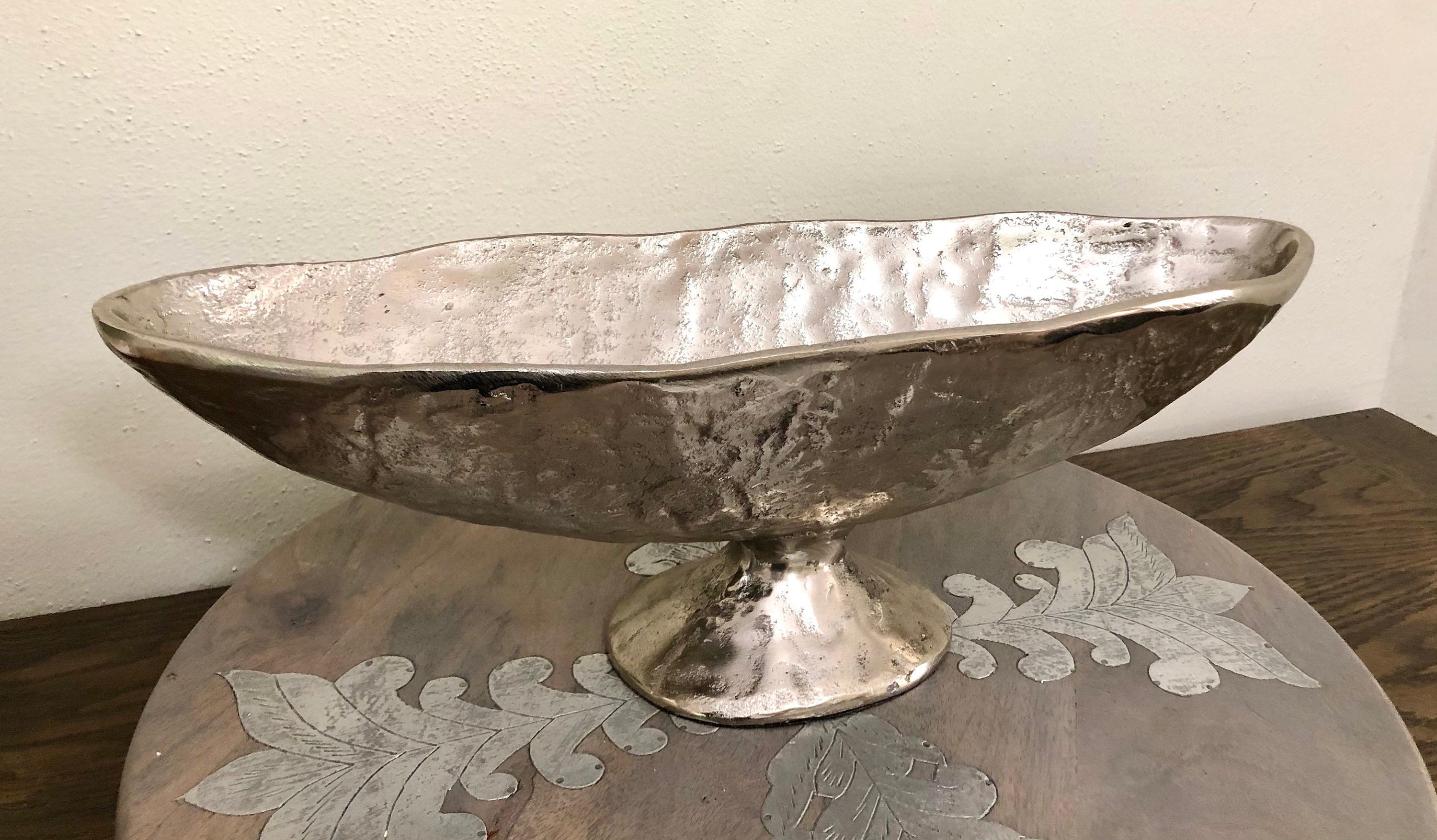 Footed Pewter Bowl, Oval Pewter Bowl, Centerpiece, Textured Pewter ...