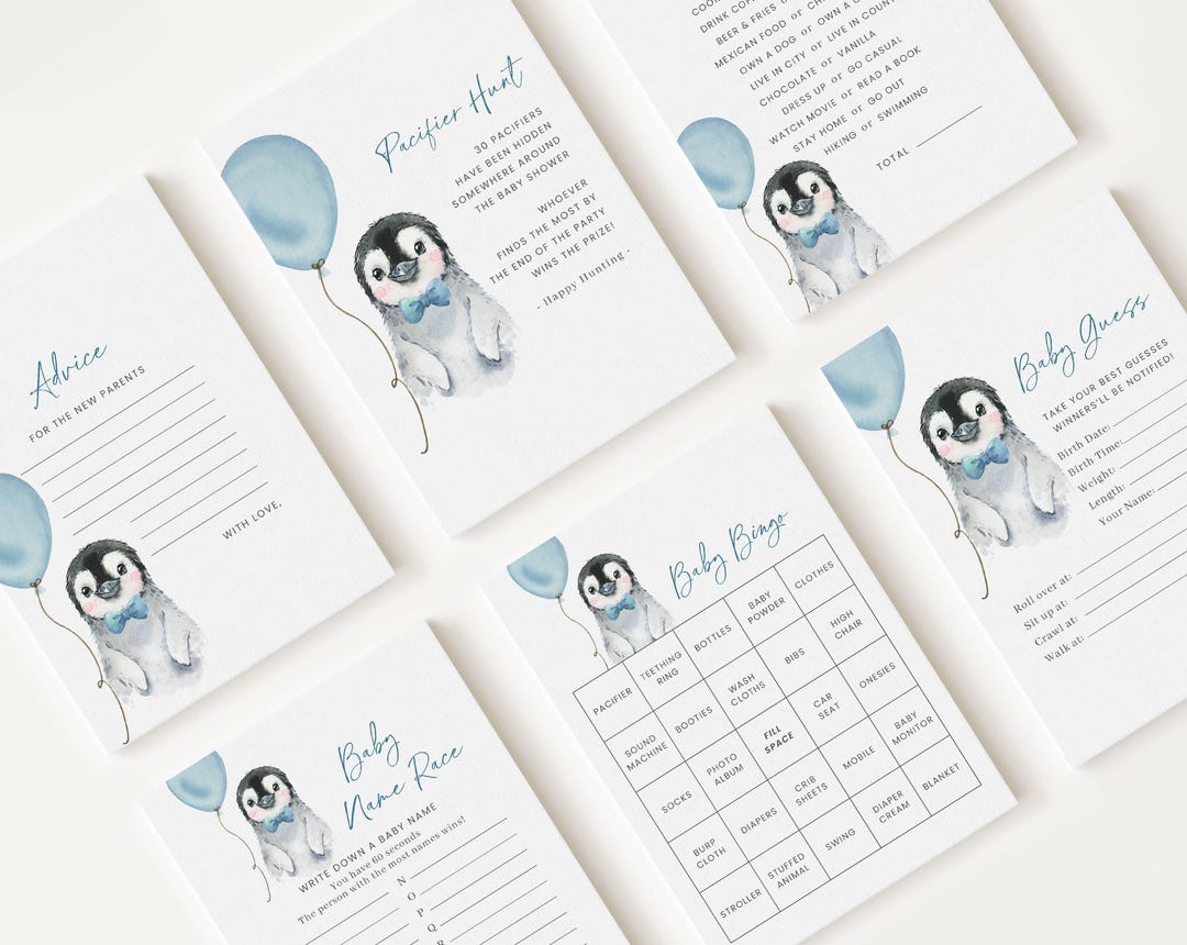 10 Editable Blue Penguin Baby Shower Games, Baby Boy Shower Games ...
