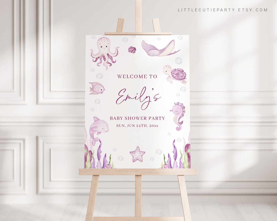Editable Pink Under the Sea Girl Baby Shower Welcome, Ocean Baby Shower ...