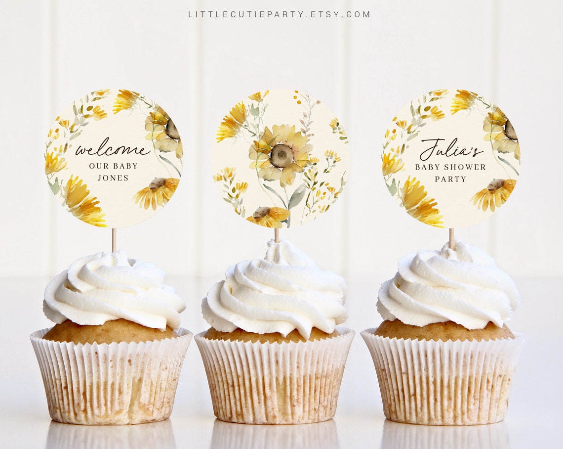 Editable Sunflower Cupcake Toppers, Sunflower Cake Topper for Party ...