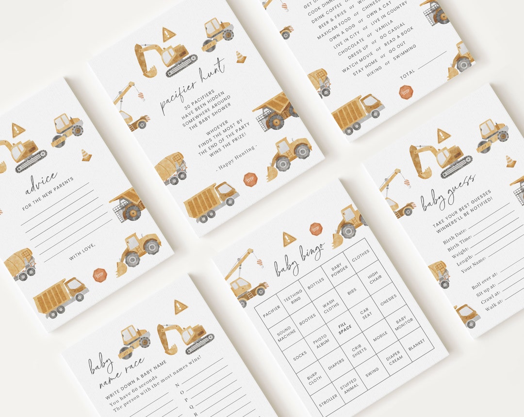 10 Editable Construction Baby Shower Games, Vehicle Shower Games Bundle ...