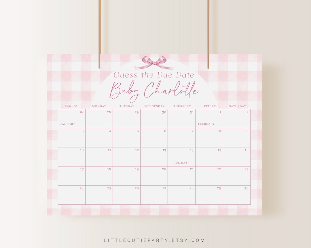 Editable Pink Gingham Baby Shower Calendar, Pink Bow Due Date Calendar ...