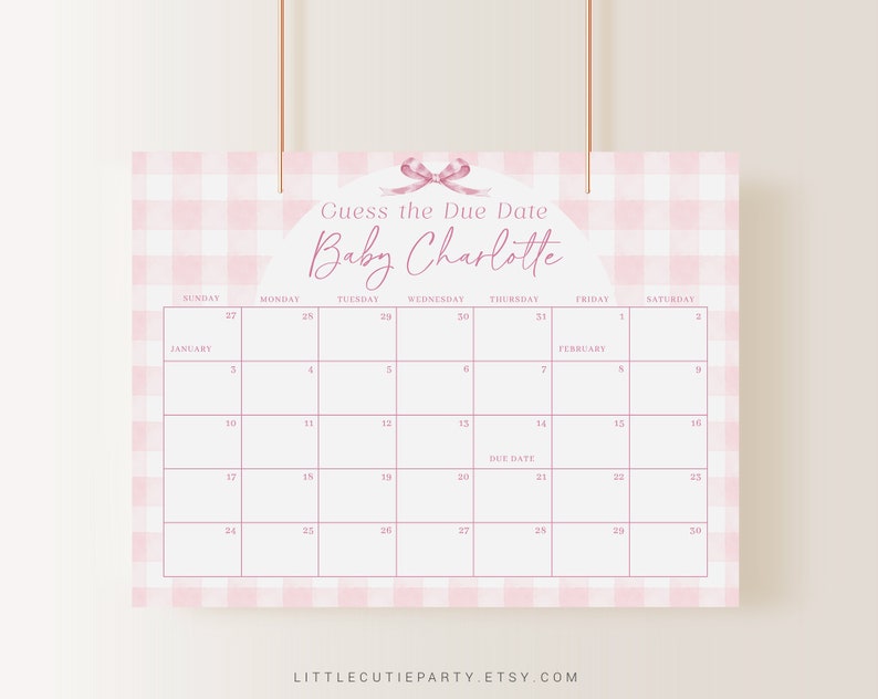 Editable Pink Gingham Baby Shower Calendar, Pink Bow Due Date Calendar ...