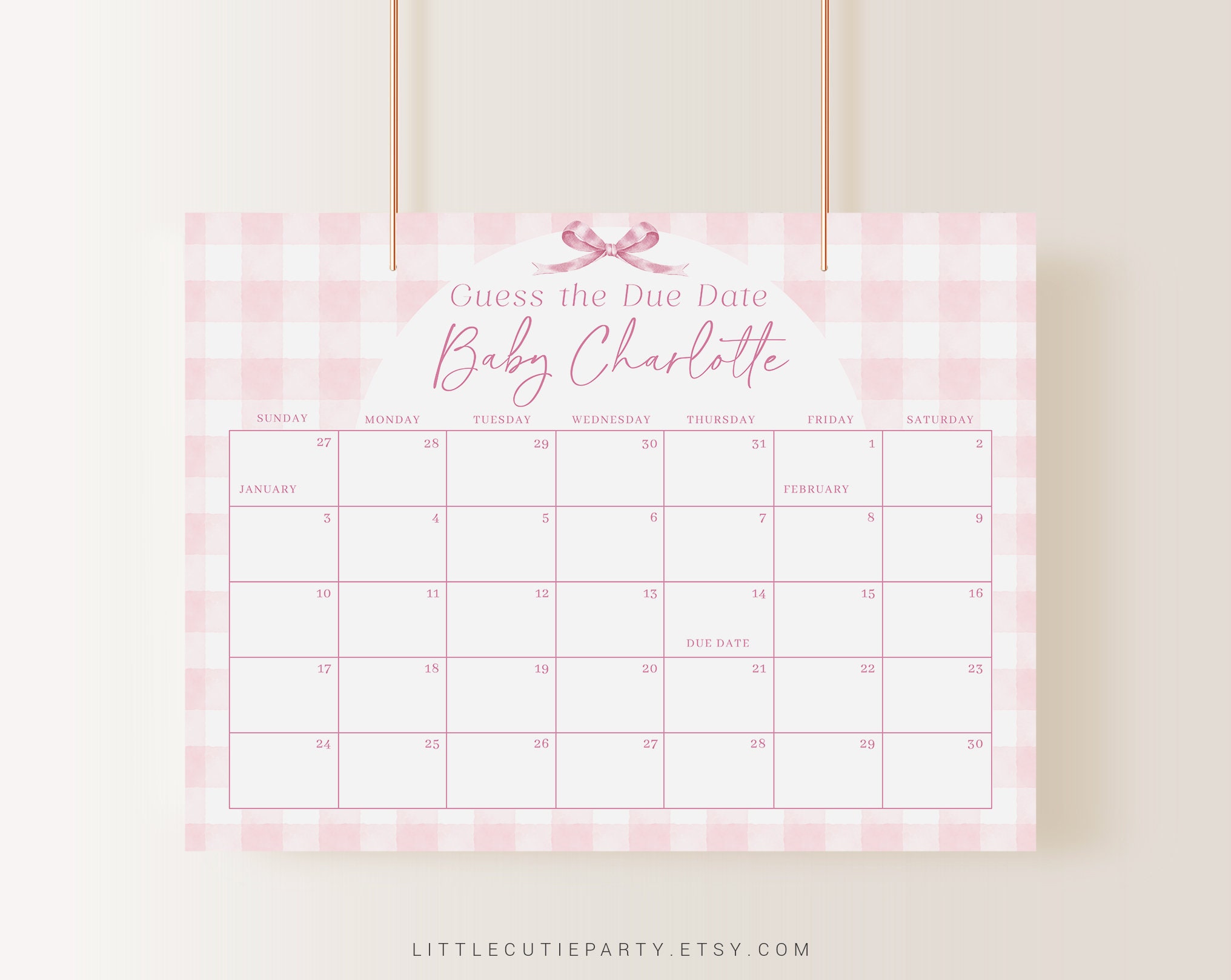 Editable Pink Gingham Baby Shower Calendar, Pink Bow Due Date Calendar ...