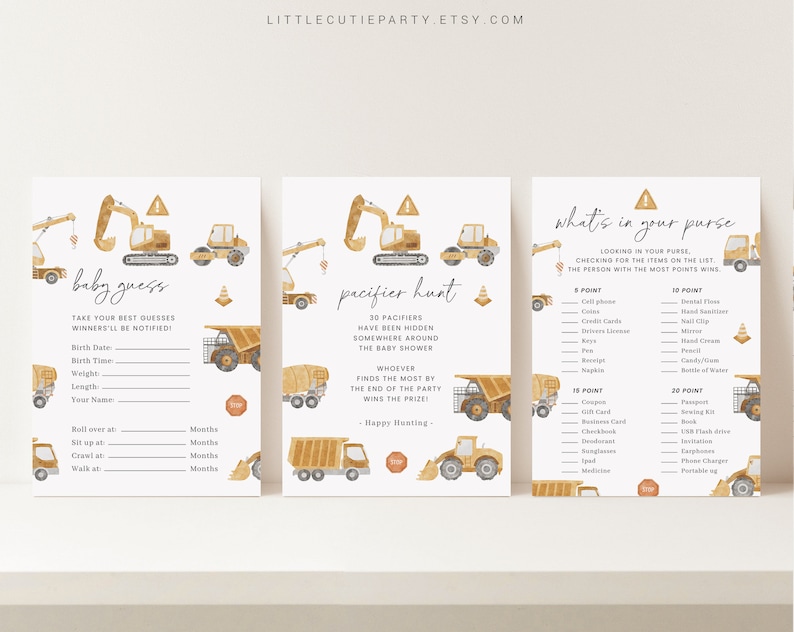 10 Editable Construction Baby Shower Games, Vehicle Shower Games Bundle ...