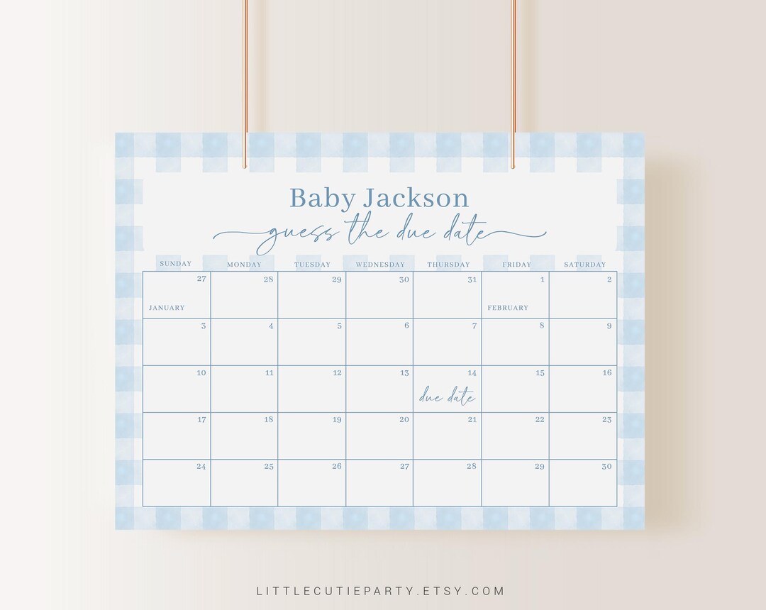 Editable Blue Gingham Baby Shower Calendar, Blue Due Date Calendar ...