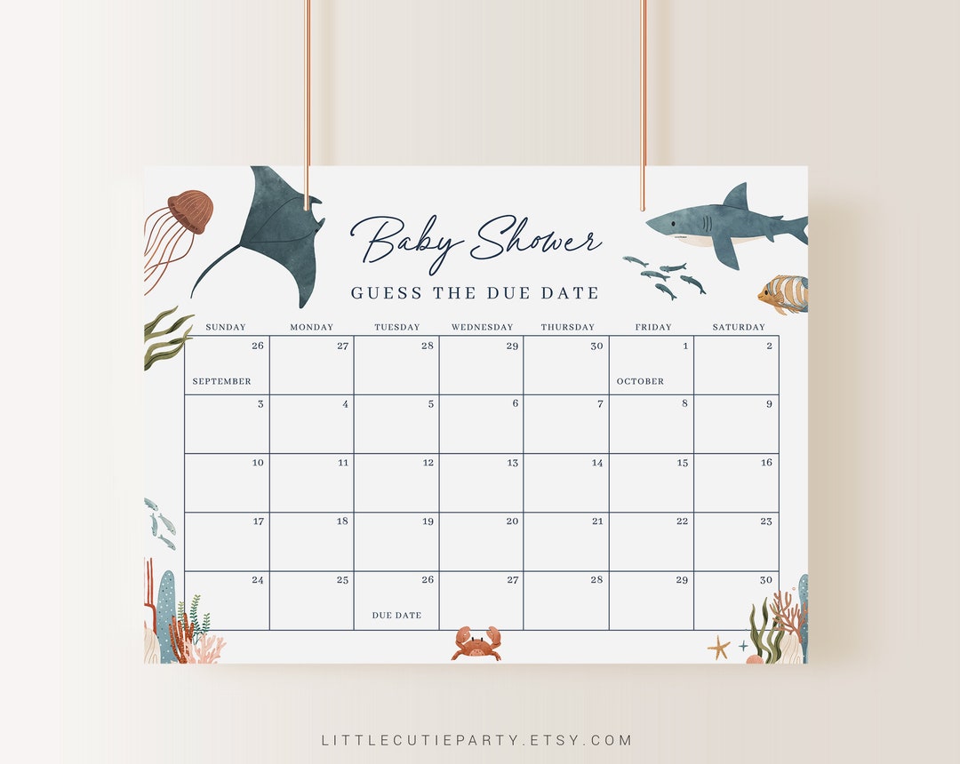 Editable Ocean Baby Shower Due Date, Ocean Baby Calendar Game, Due Date ...