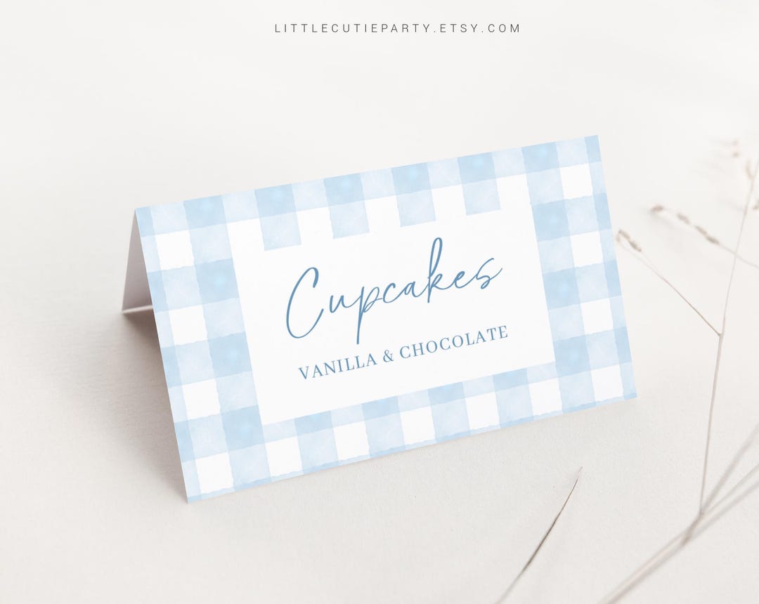 Editable Blue Gingham Baby Shower Food Labels, Food Tent Cards, Folded ...