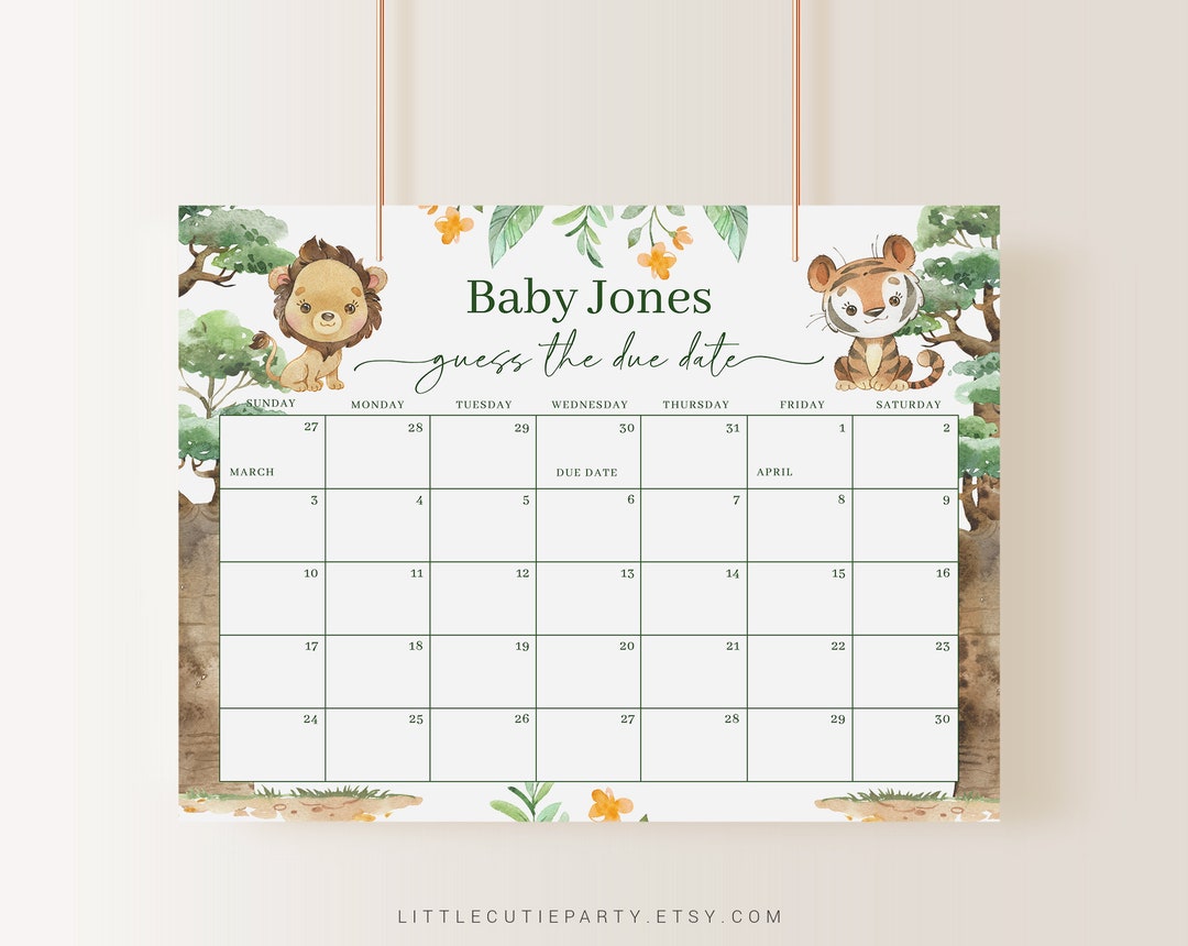 Editable Safari Baby Shower Calendar, Safari Animal Due Date Calendar ...