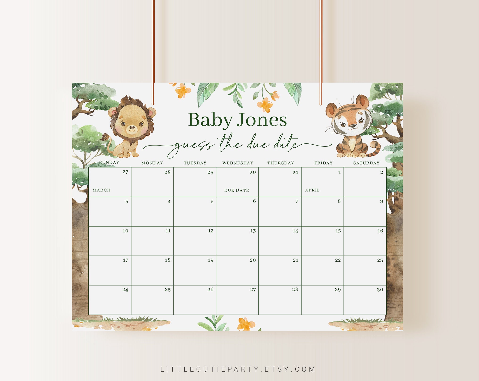 Editable Safari Baby Shower Calendar, Safari Animal Due Date Calendar ...