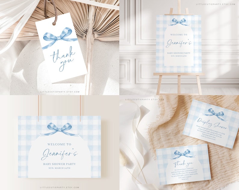 Editable Blue Gingham Baby Shower Invitation Bundle, Baby Blue Boy ...