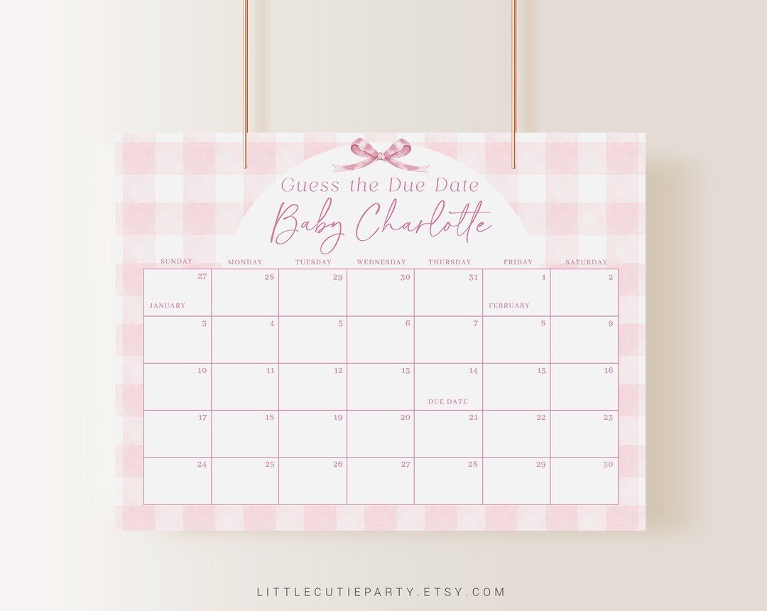 Editable Pink Gingham Baby Shower Calendar, Pink Bow Due Date Calendar ...