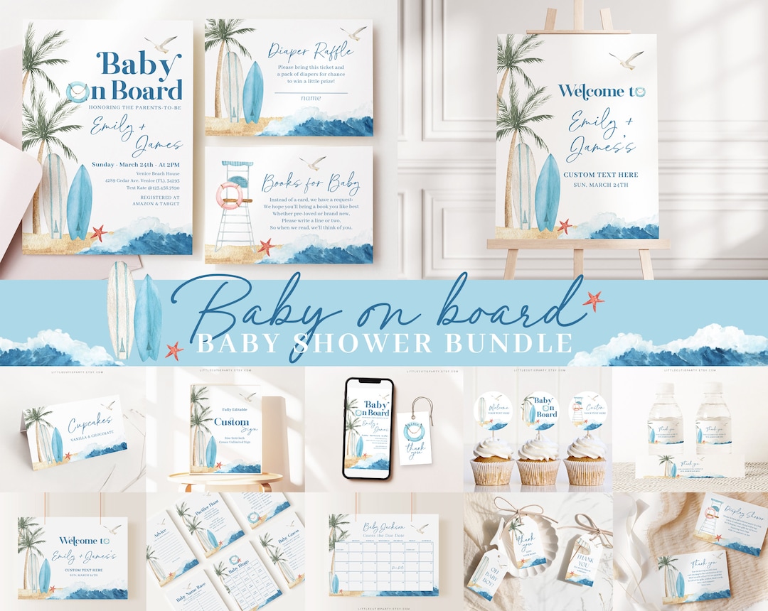 Editable Baby on Board Baby Shower Invitation Bundle, Surfboard Baby ...