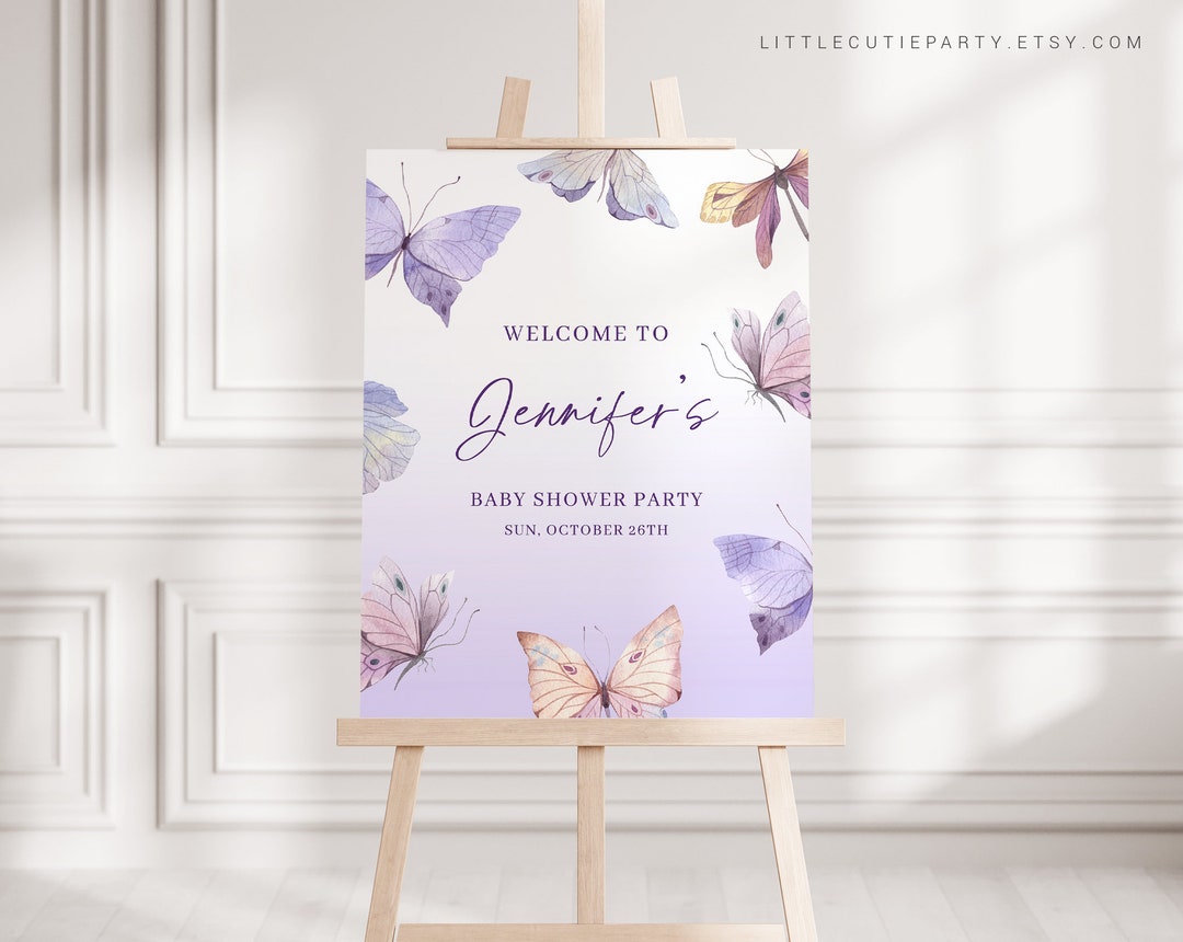 Editable Butterfly Baby Shower Welcome Sign, Purple Butterfly Baby ...