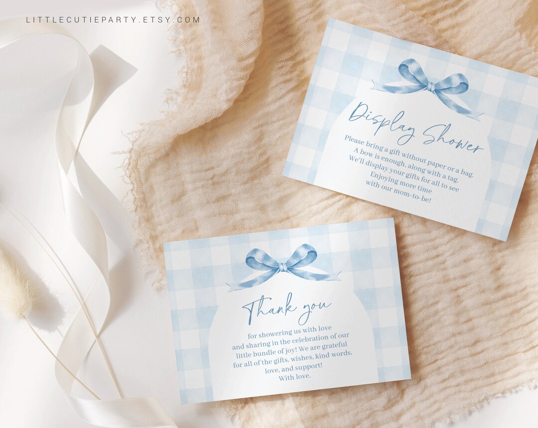 Editable Blue Gingham Baby Shower Thank You Card, Baby Shower Display ...