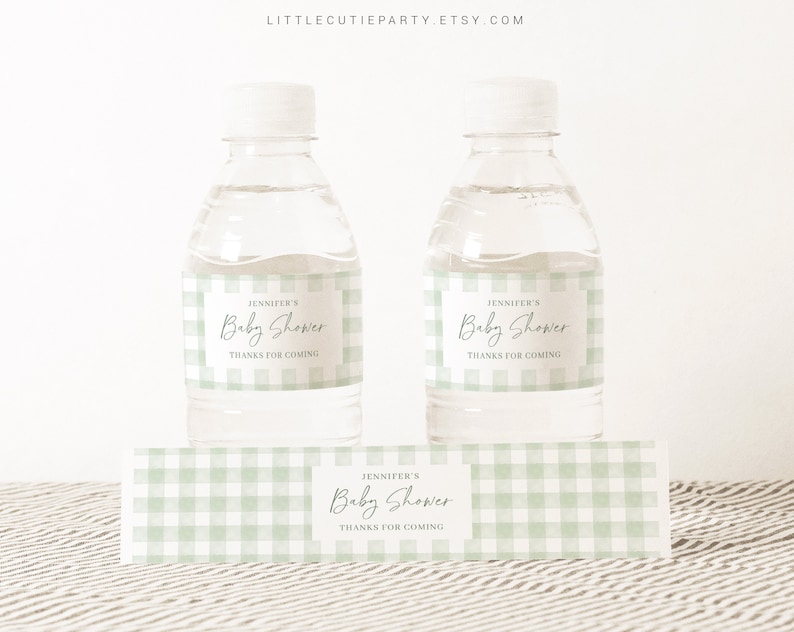 Editable Sage Green Gingham Water Bottle Labels, Bottle Label for Sage ...