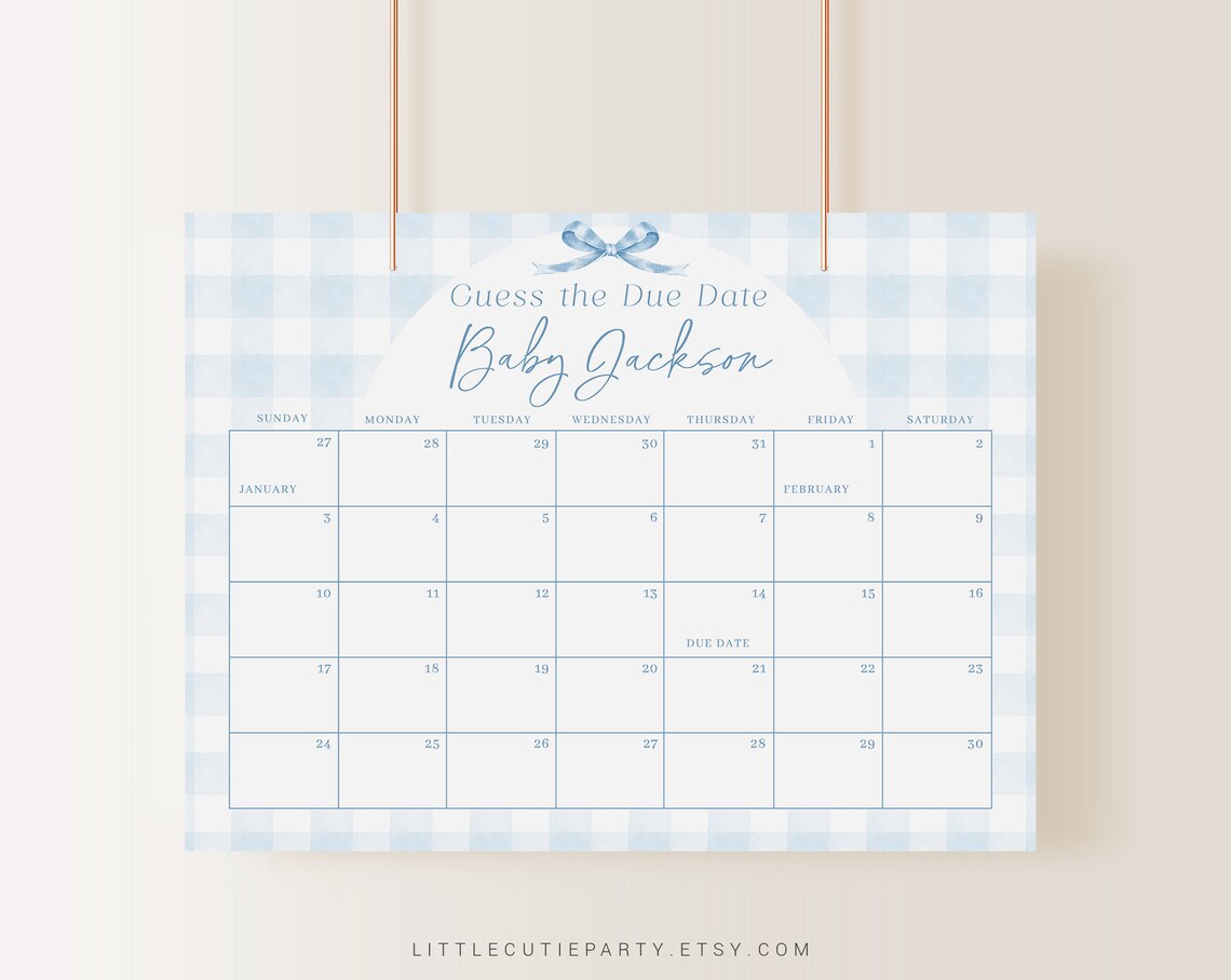 Editable Blue Gingham Baby Shower Calendar, Blue Bow Due Date Calendar ...