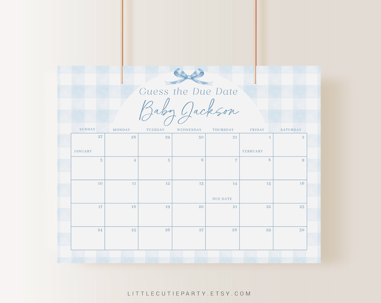 Editable Blue Gingham Baby Shower Calendar, Blue Bow Due Date Calendar ...