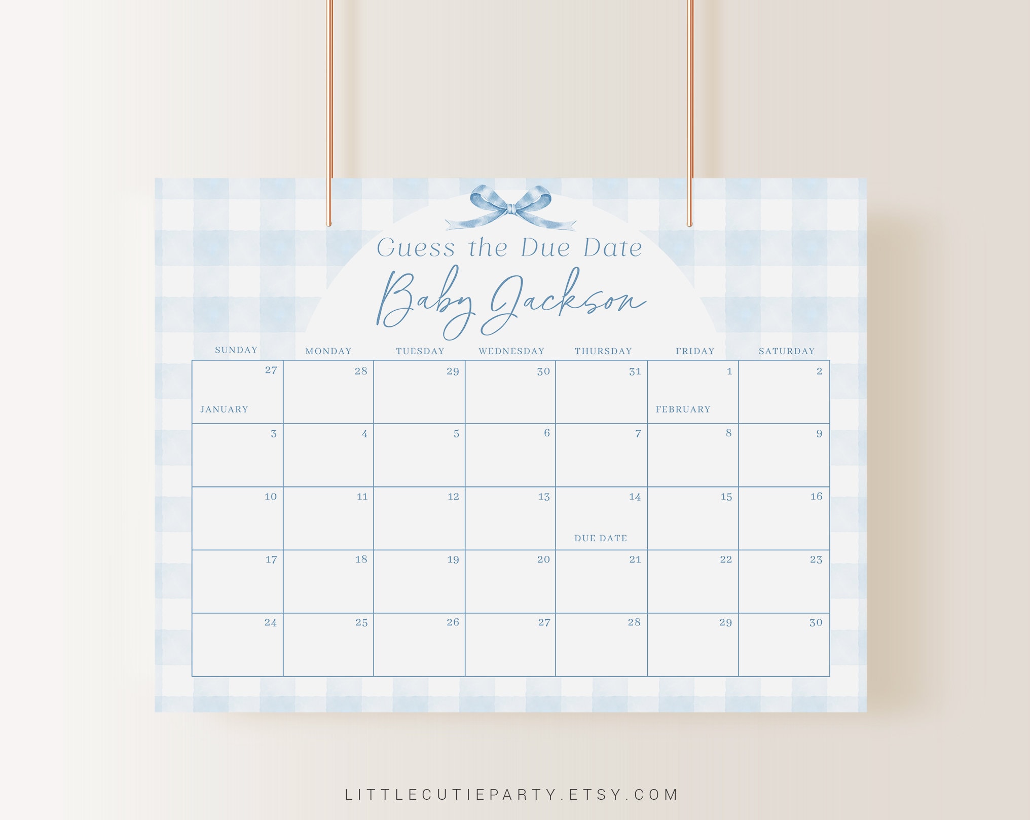 Editable Blue Gingham Baby Shower Calendar, Blue Bow Due Date Calendar ...