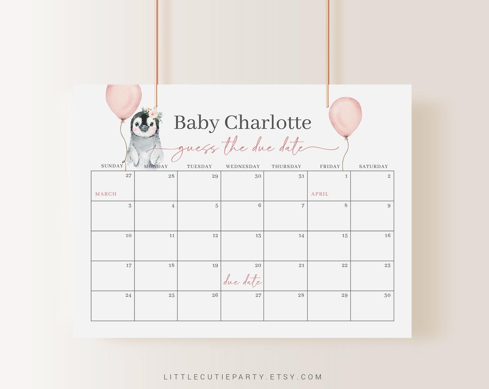 Editable Pink Penguin Baby Shower Calendar, Penguin Due Date Calendar ...