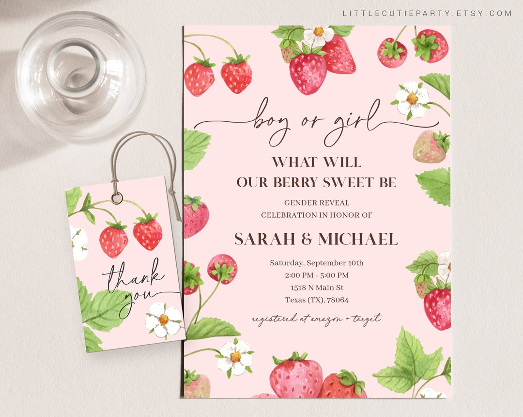 Editable Strawberry Gender Reveal Invitation, Berry Sweet, Strawberry ...
