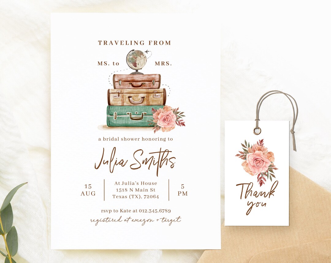 Editable Travel Bridal Shower Invitation, Luggage & Globe (digital ...