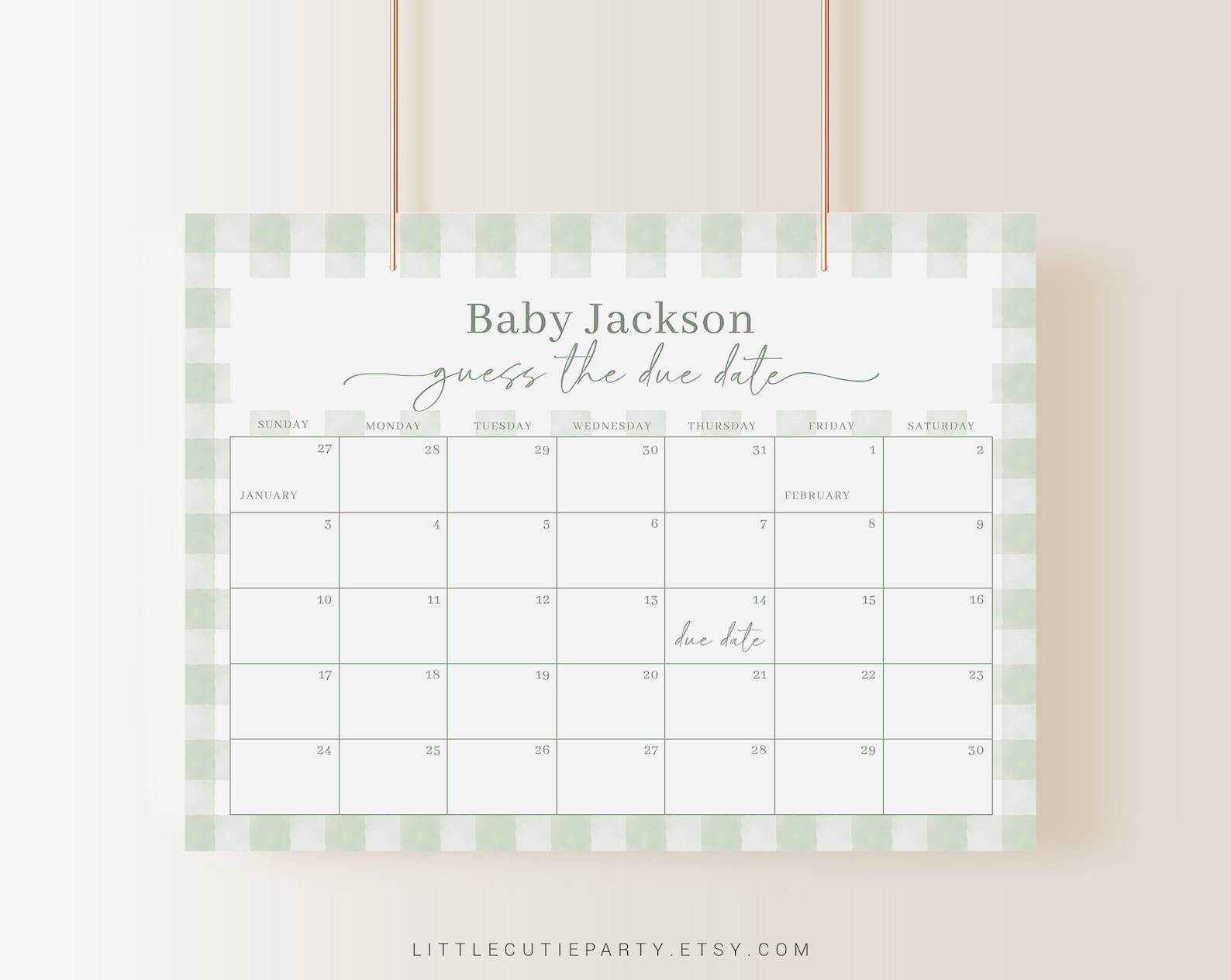 Editable Sage Green Baby Shower Calendar, Sage Green Gingham Due Date ...