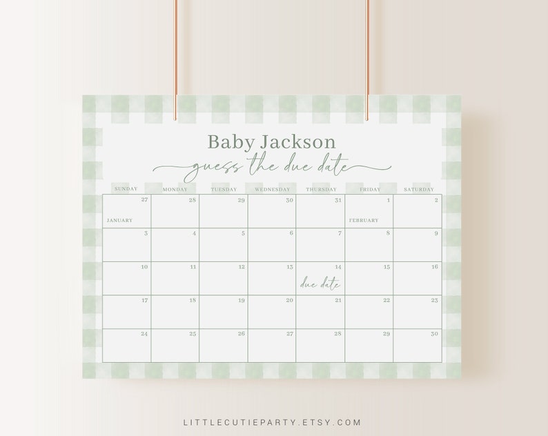 Editable Sage Green Baby Shower Calendar, Sage Green Gingham Due Date ...
