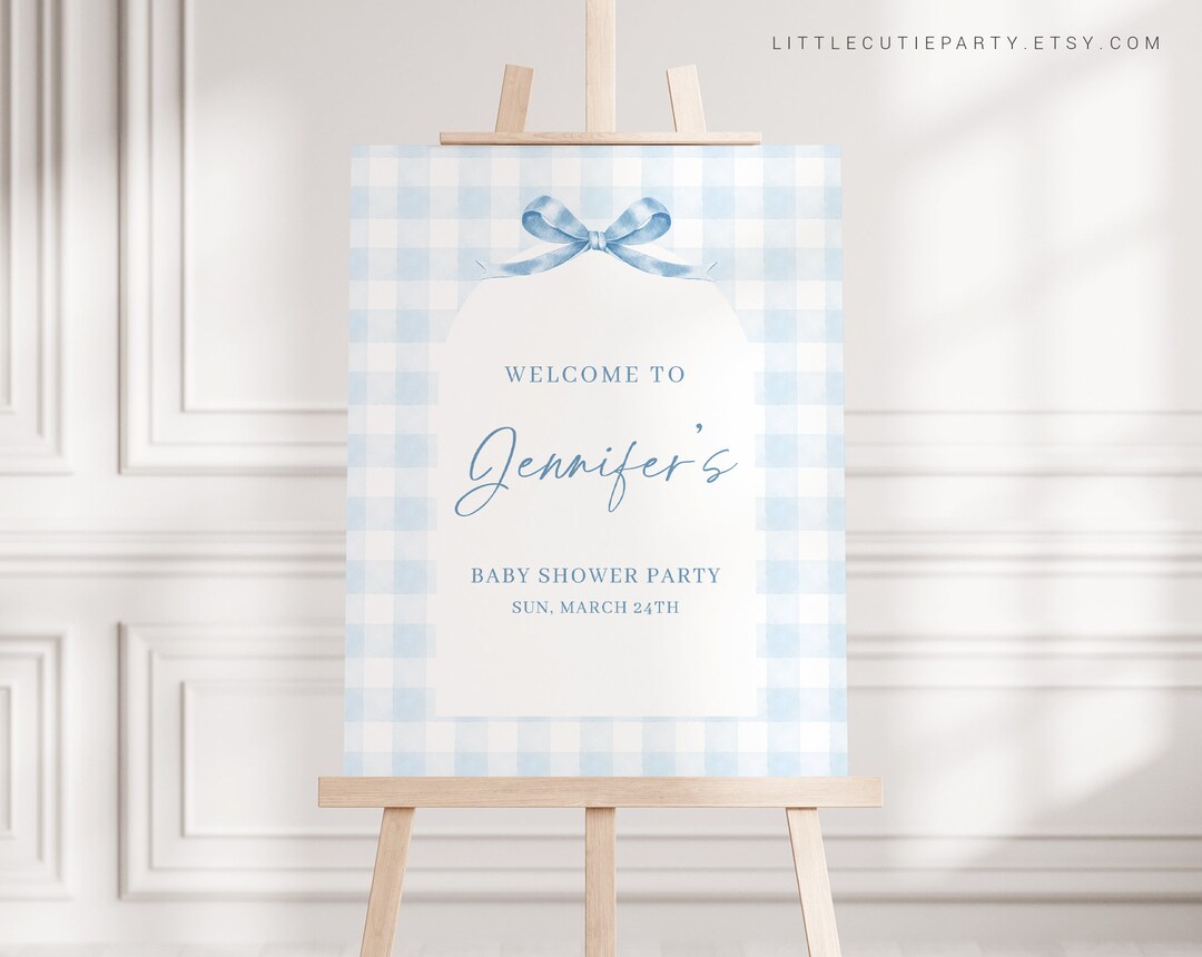 Editable Blue Gingham Baby Shower Welcome Sign, Blue Bow Baby Shower ...