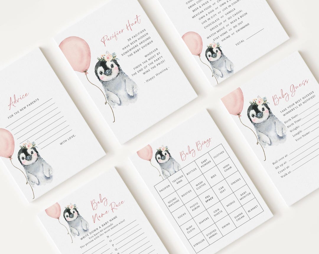 10 Editable Pink Penguin Baby Shower Games, Baby Girl Shower Games ...