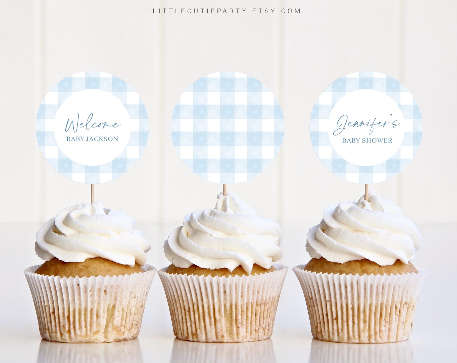Editable Blue Gingham Cake Toppers, Blue Baby Shower Cupcake Toppers ...