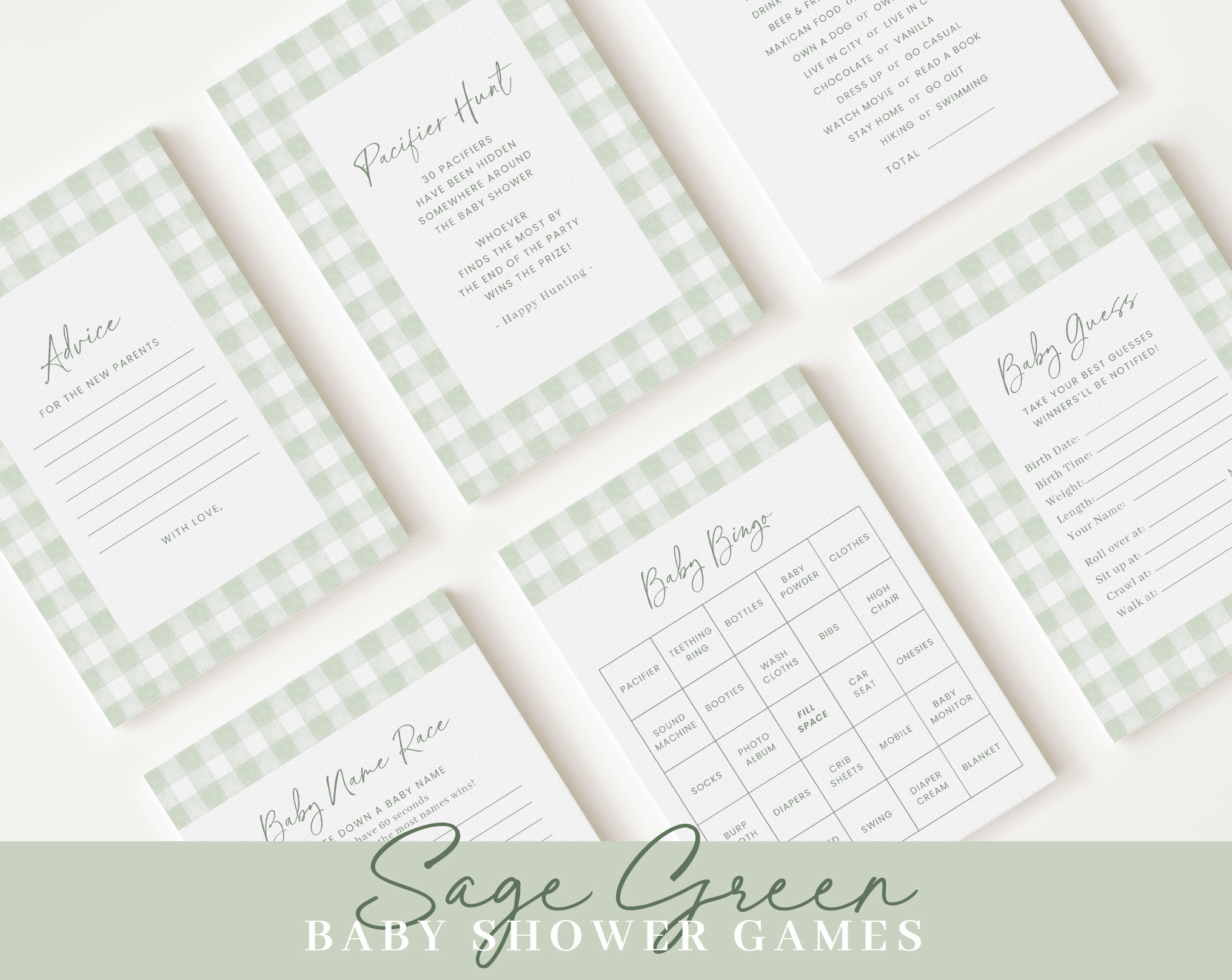 Editable Sage Green Baby Shower Invitation Bundle, Green Gingham Baby ...