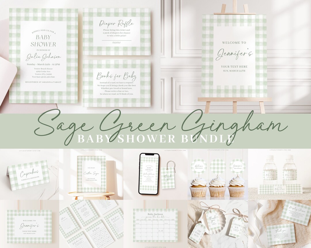 Editable Sage Green Baby Shower Invitation Bundle, Green Gingham Baby ...