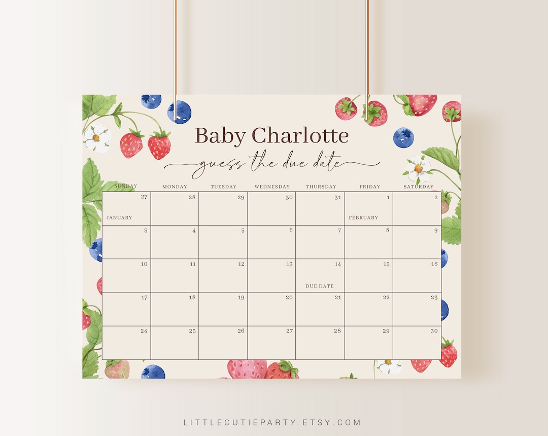 Editable Berry Baby Shower Calendar, Berry Sweet Due Date Calendar ...