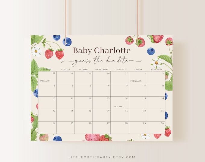 Editable Strawberry Baby Shower Due Date Calendar, Berry Sweet Baby ...